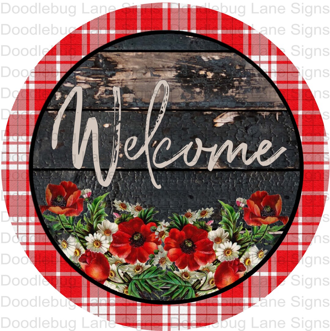 Welcome Wreath Sign-floral Welcome Sign-red Poppy-red and White Plaid ...