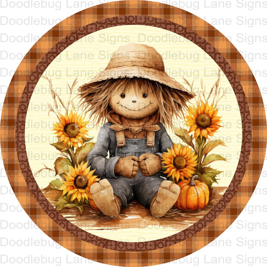 Fall Wreath Sign - Scarecrow Sign- Fall Plaid - Pumpkins and Sunflowers ...