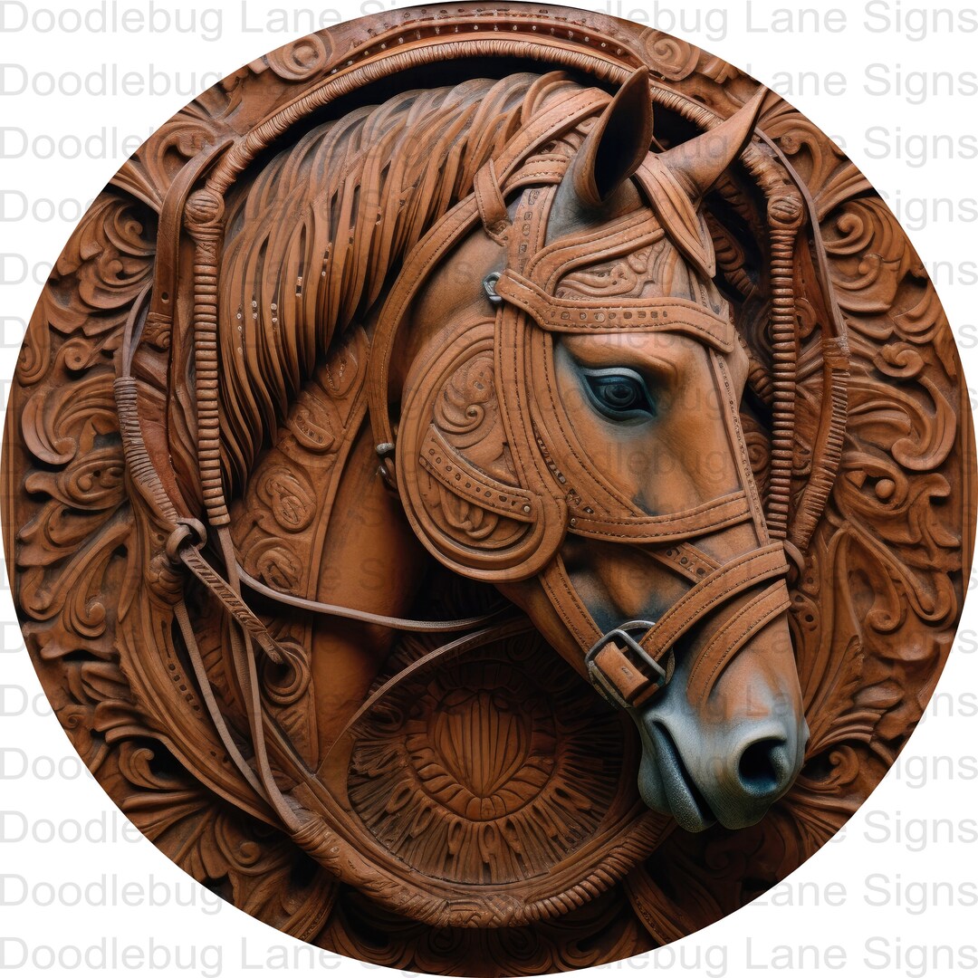 Faux Etched Wood Sign - Horse Wreath Sign - Etched Wood Horse Head Sign ...
