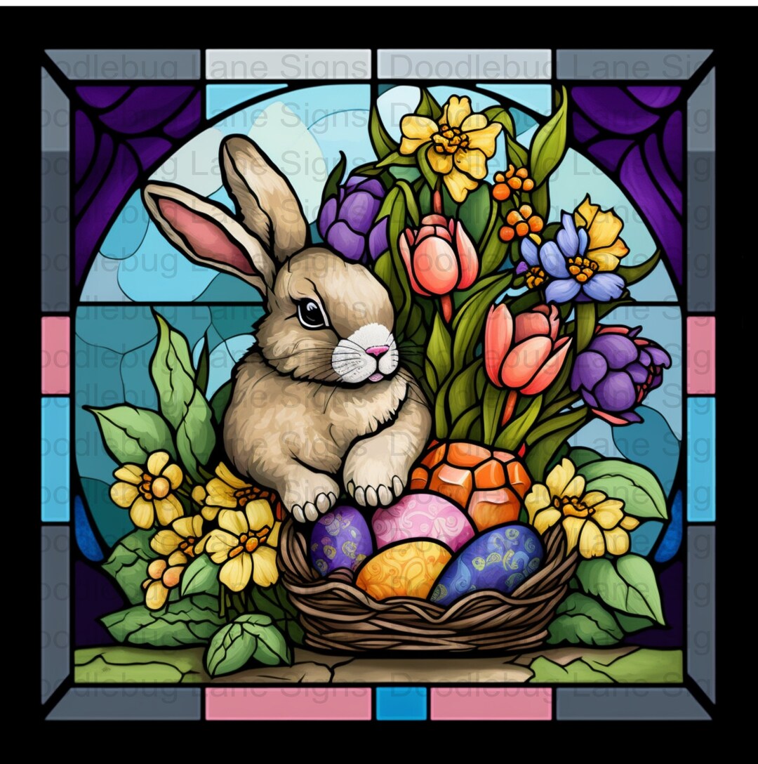 Faux Stained Glass Easter Wreath Sign-easter Bunny Sign-easter Wreath ...