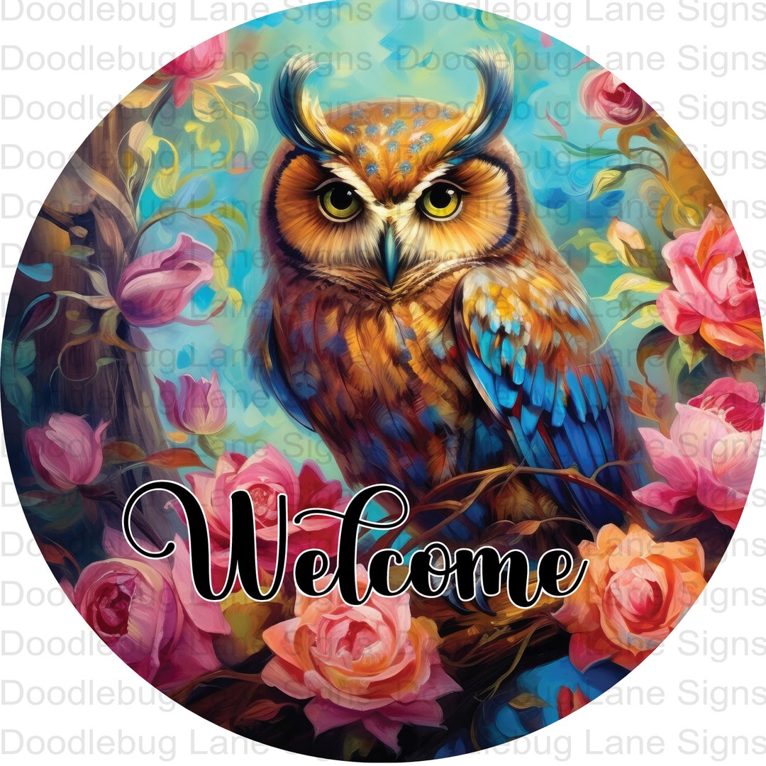 Welcome Wreath Sign - Owl Welcome Sign - Floral Owl Sign - Round Wreath ...