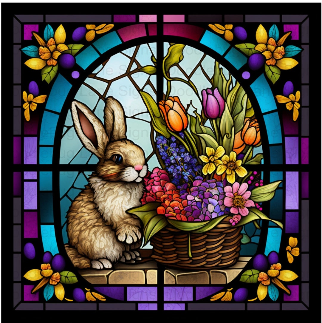Faux Stained Glass Easter Wreath Sign-easter Bunny Sign-wreath ...