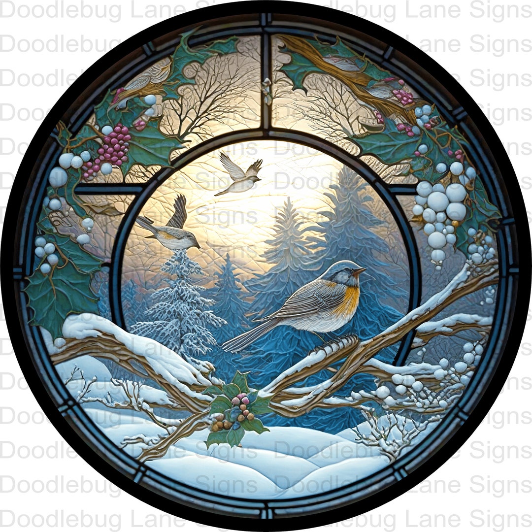 Winter Wreath Sign-snowbirds-winter Scenery-faux Stained Glass-round ...