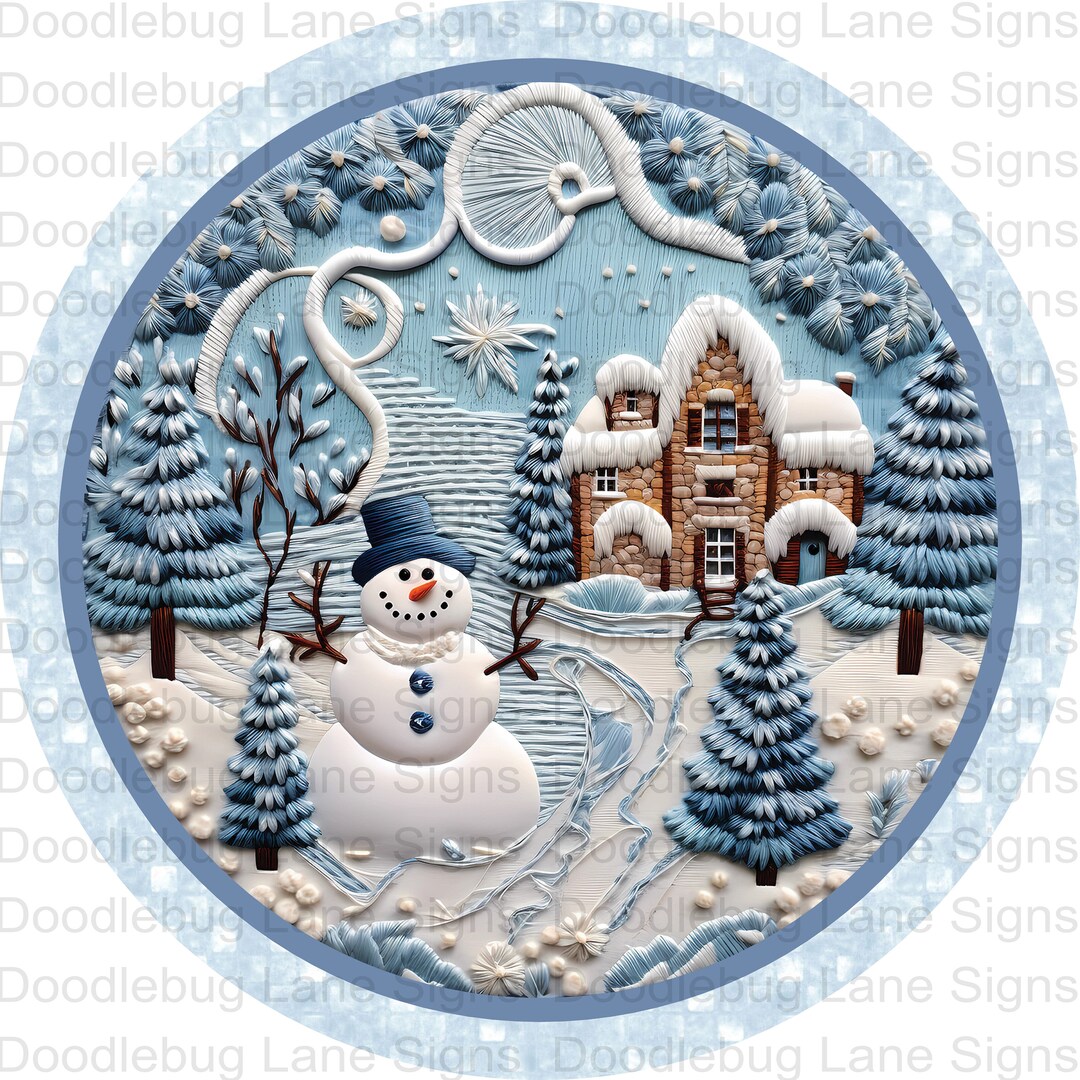Winter Wreath Sign-snowman Sign-winterwonder Land-blue and White-round ...