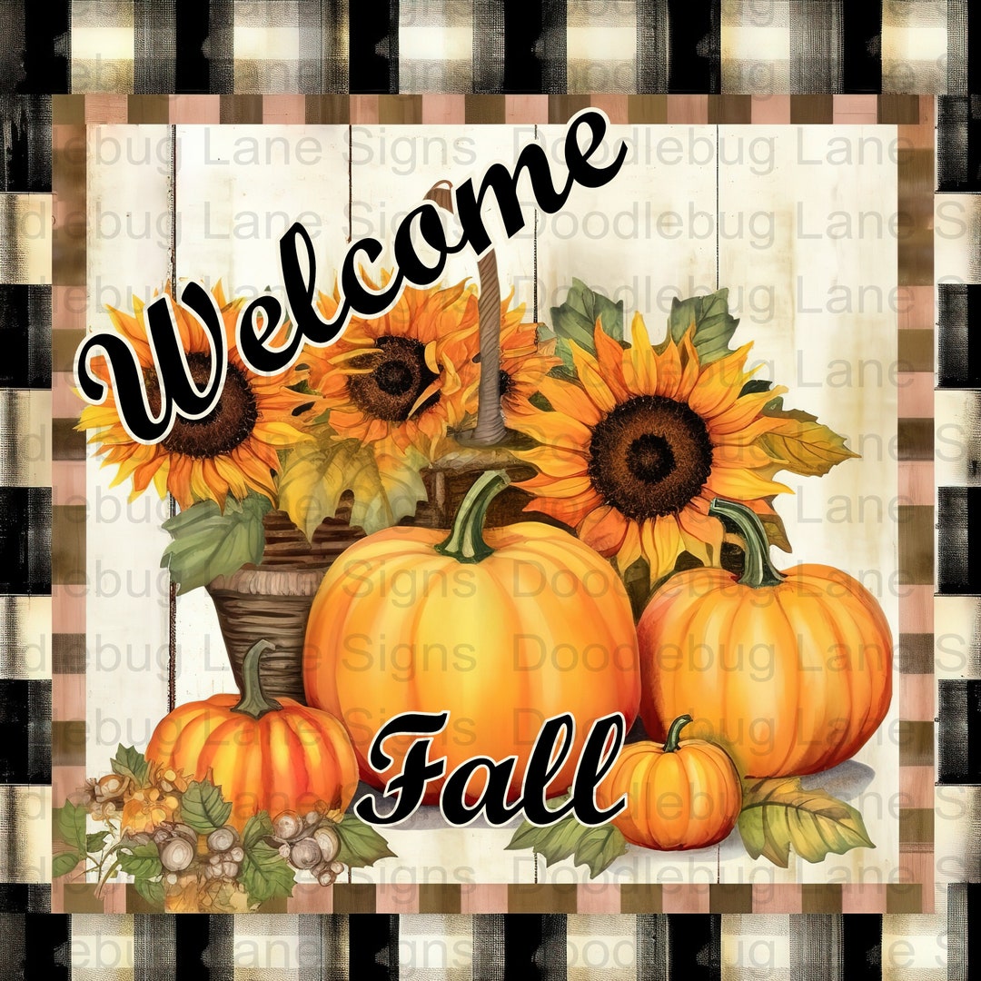 Welcome Fall Wreath Sign - Pumpkins and Sunflowers - Square Sign ...