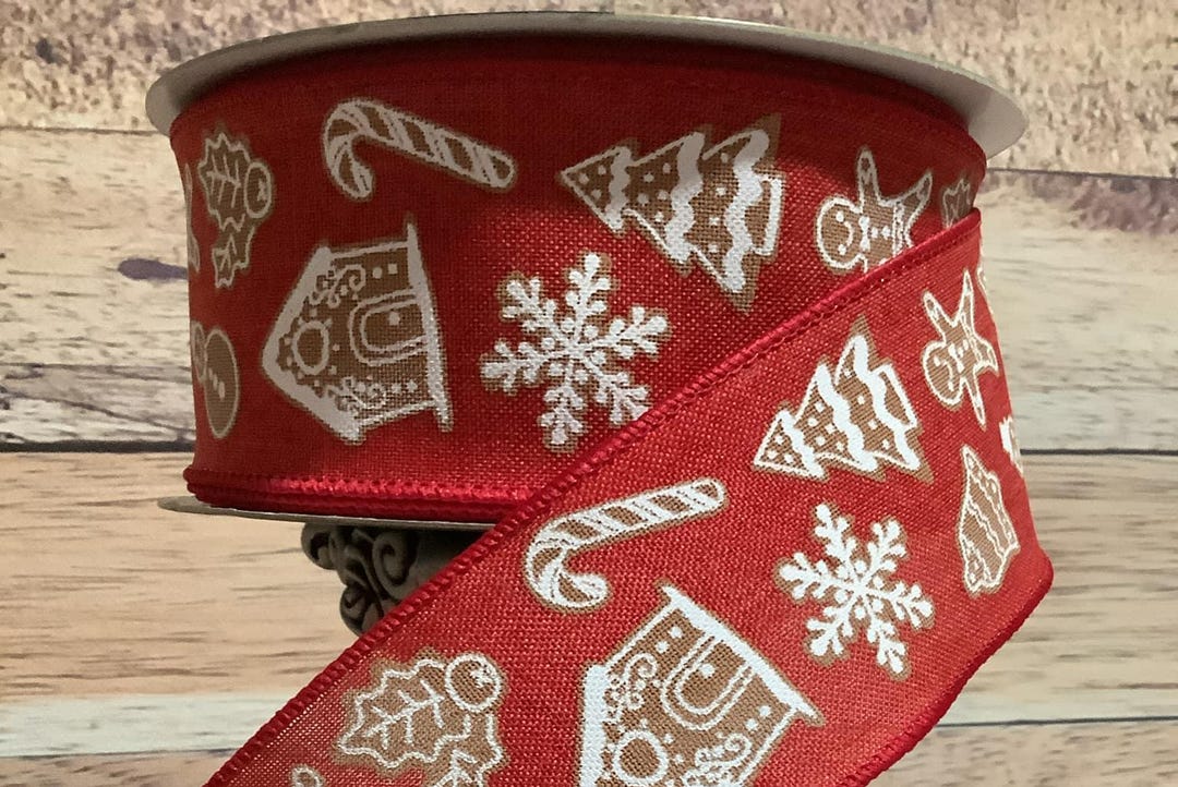 2.5" X 5 Yards Red Canvas Wired Ribbon With Gingerbread Cookies - Wired ...