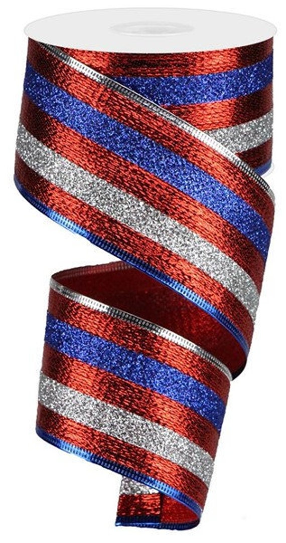 Wired Ribbon Patriotic Ribbon Red Blue and Silver | Etsy