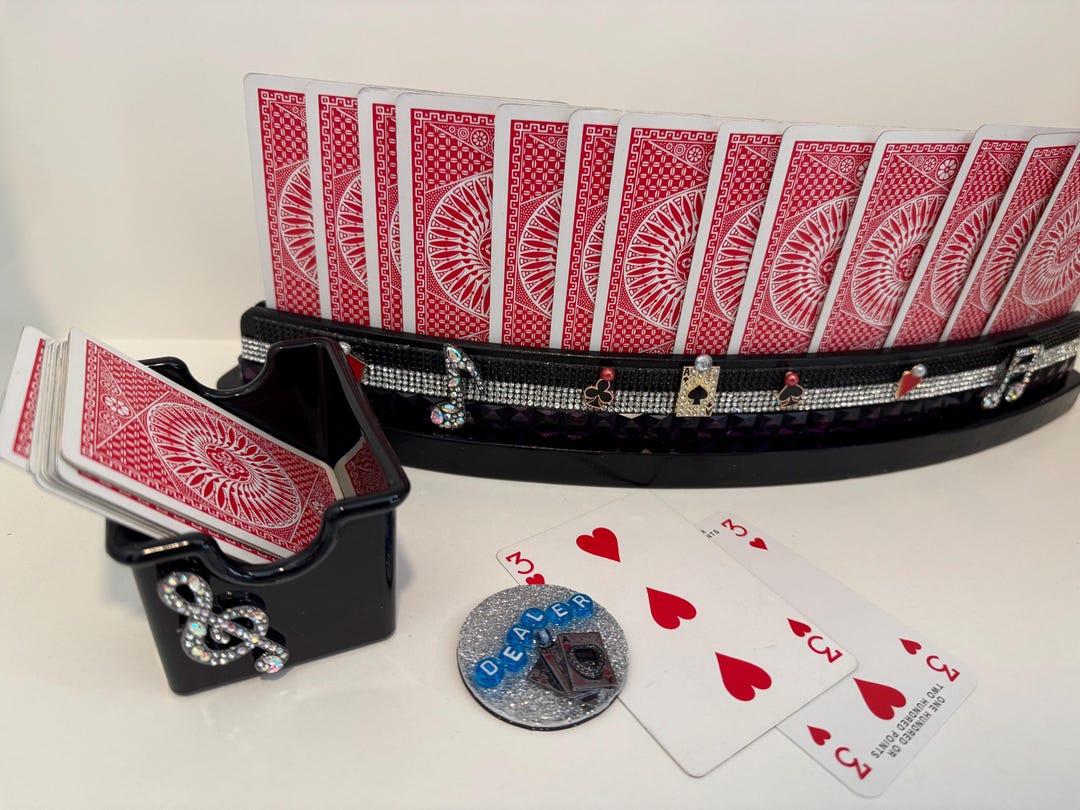 Rhinestone Music Note Canasta Card Rack Set: Wood Card Holder & Dealer ...