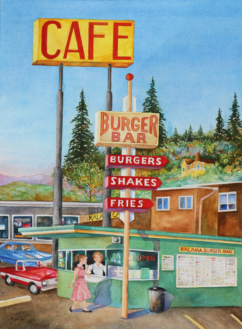 Burger Bar Historic Watercolor Painting 20 X 28 Restaurant | Etsy