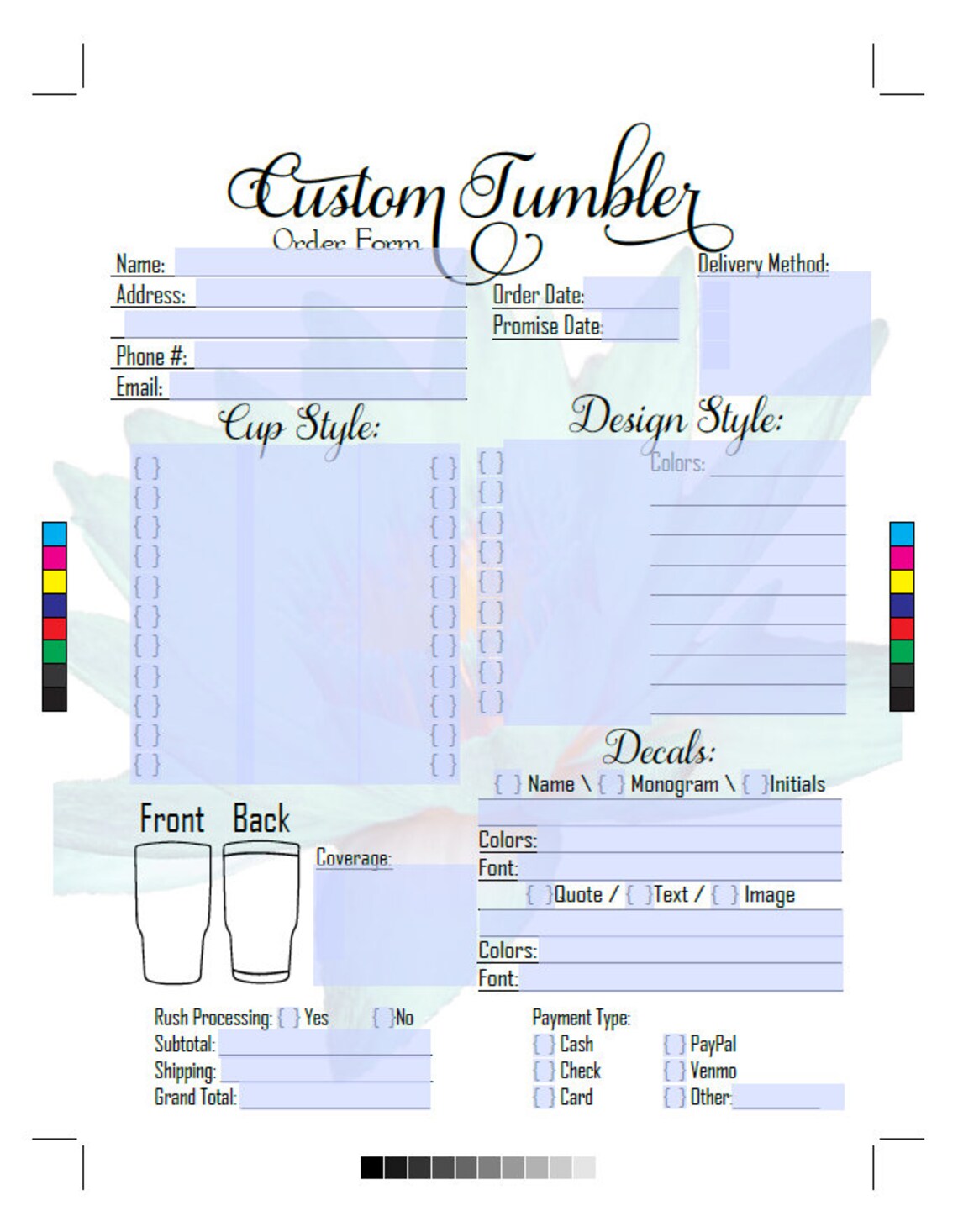 DIY Editable Custom Tumbler Order Form with Invoicing sections | Etsy