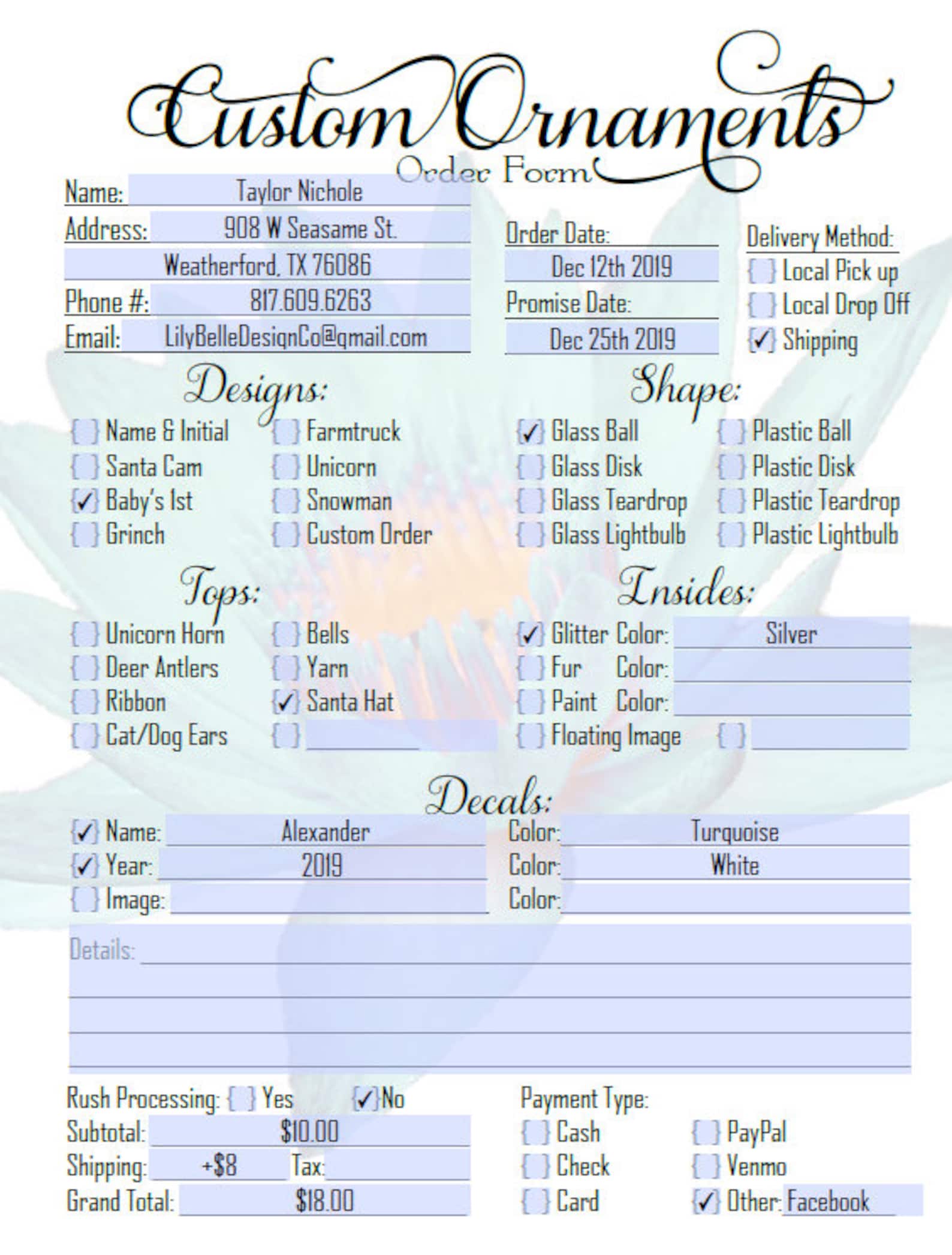 Custom Ornament Invoice Editable Order Form Happy Planner Sized in PDF ...