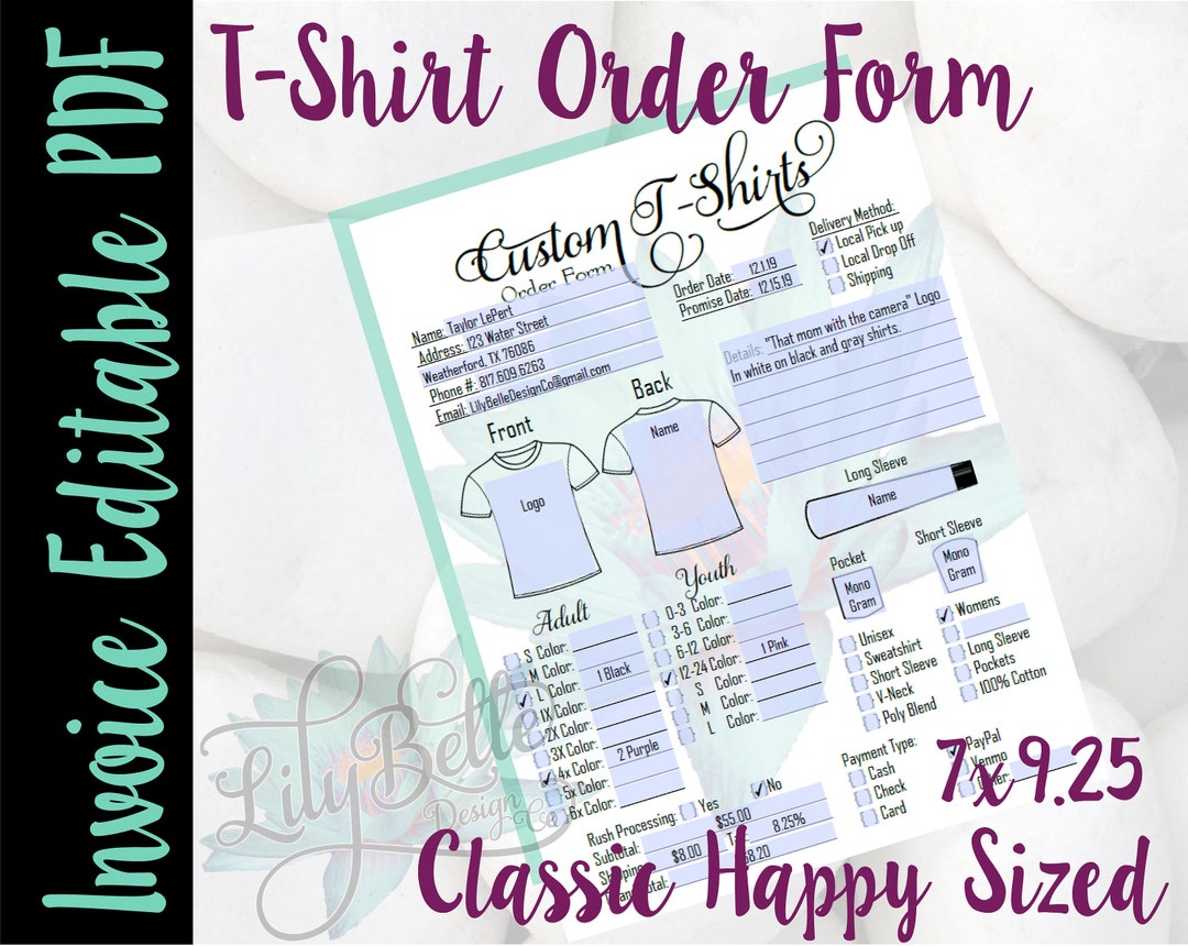 Custom T-shirt Print Ready Order Form With Editable Invoice Information ...