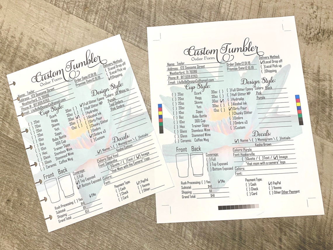 DIY Editable Custom Tumbler Order Form with Invoicing sections | Etsy