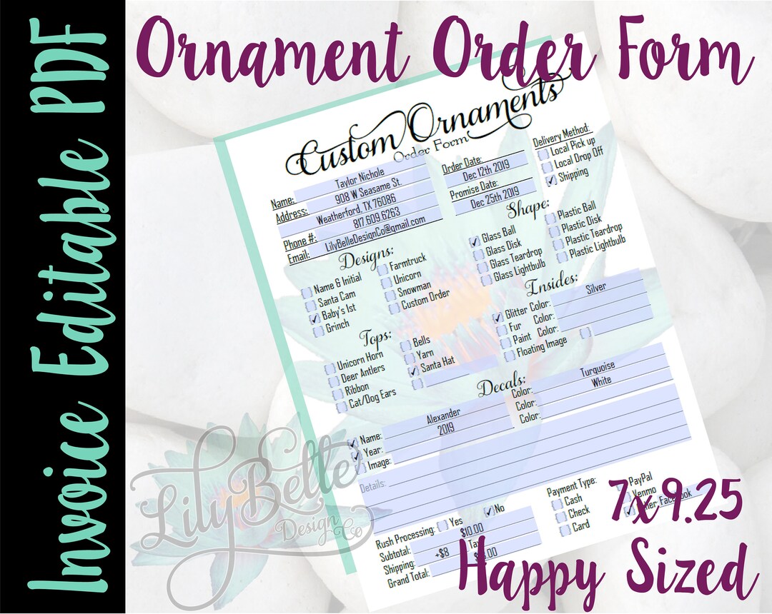 Custom Ornament Invoice Editable Order Form Happy Planner Sized in PDF ...