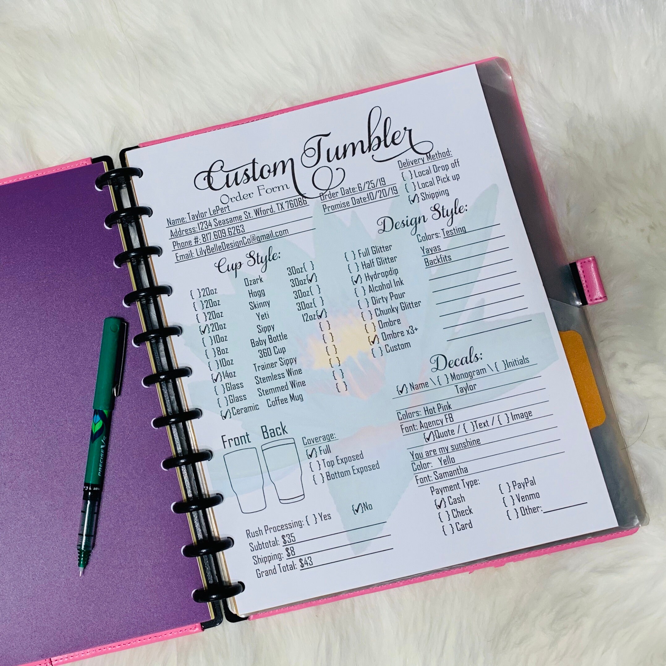 DIY Editable Custom Tumbler Order Form With Invoicing Sections - Etsy