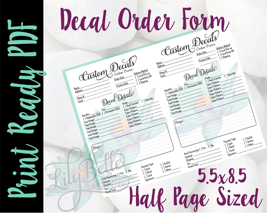 Custom Decal Print Ready Order Form for Junior Planners, Half Letter ...