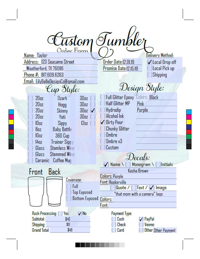 DIY Editable Custom Tumbler Order Form With Invoicing Sections - Etsy