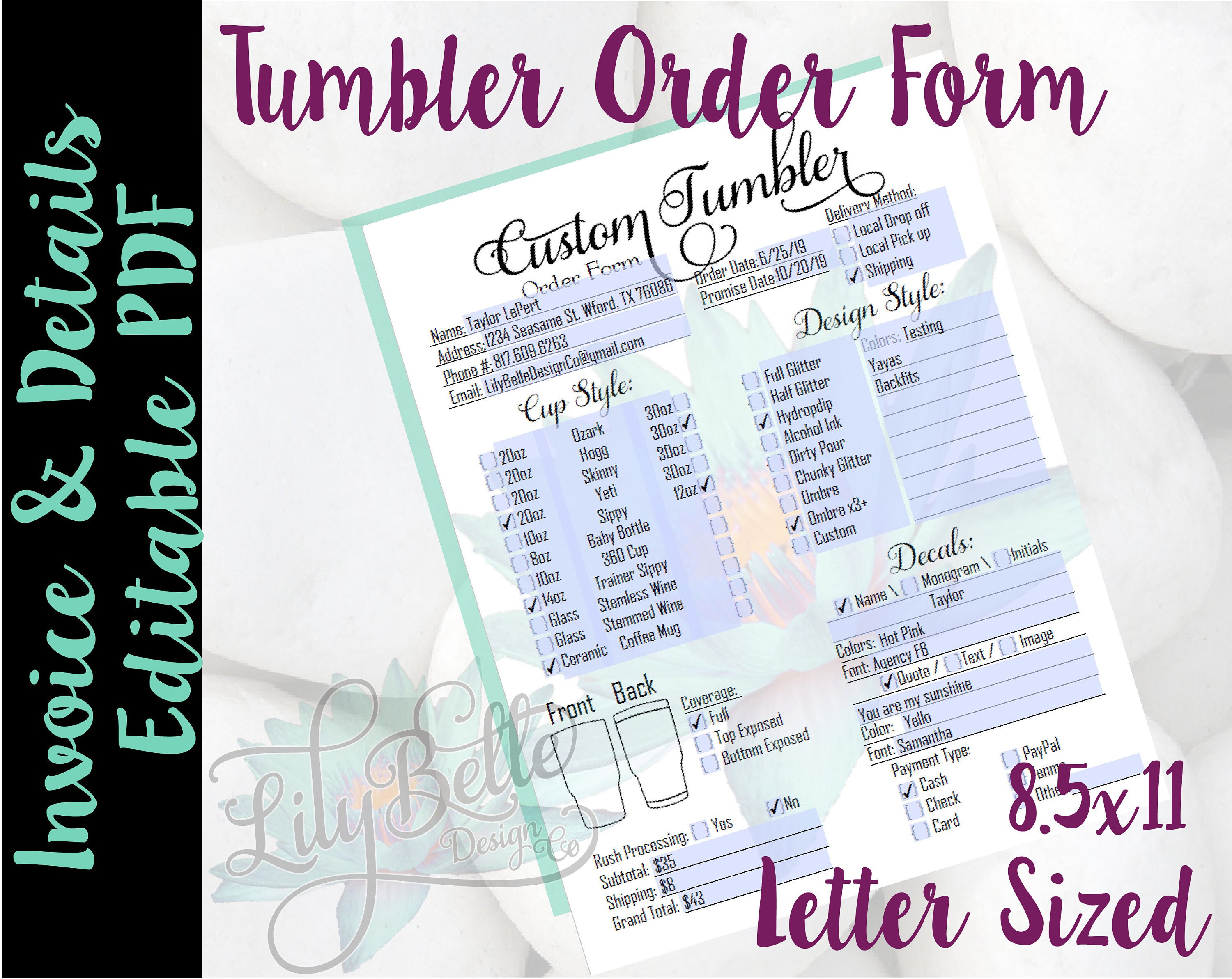 DIY Editable Custom Tumbler Order Form With Invoicing Sections - Etsy
