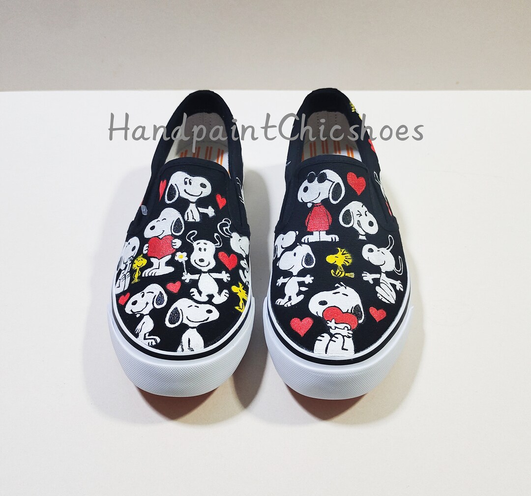 Handpainted Snoopy Shoes/snoopy Vans Slip On/custom Snoopy Shoes/black ...