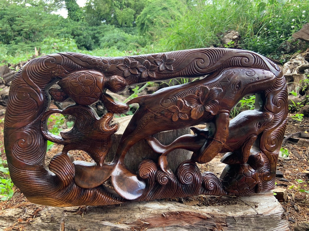Hand-carved Hawaiian Sculpture: Whales, Turtle, Manta Ray, Floral ...