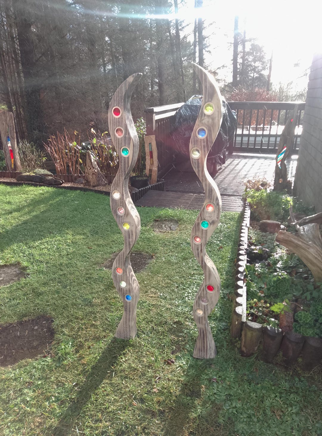 2 Large Stained Glass Reclaimed Wood Art Garden Sculptures - Etsy