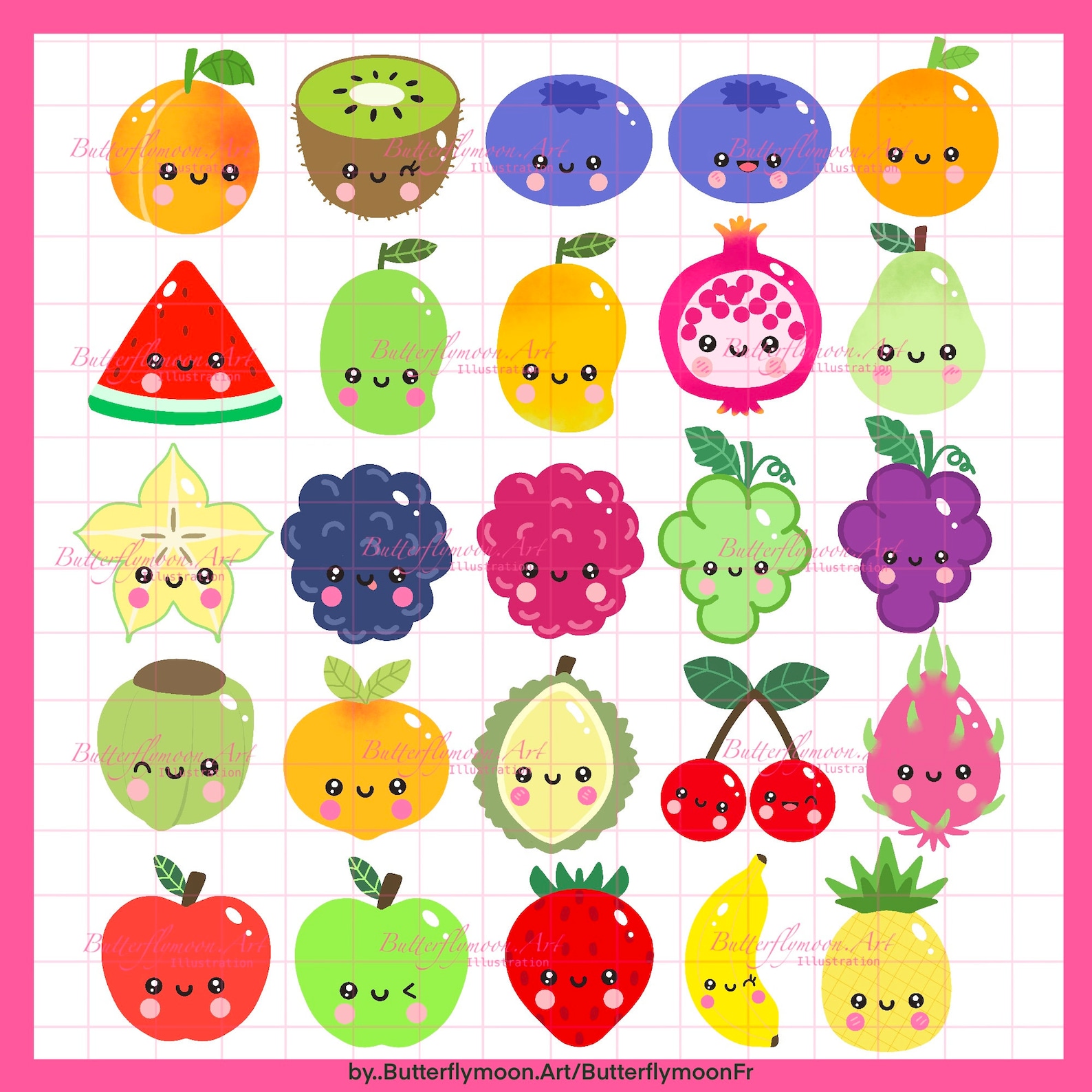 Cute Fruit Clipart, Kawaii Fruit Clipart, Art Images, Fruit Designs ...