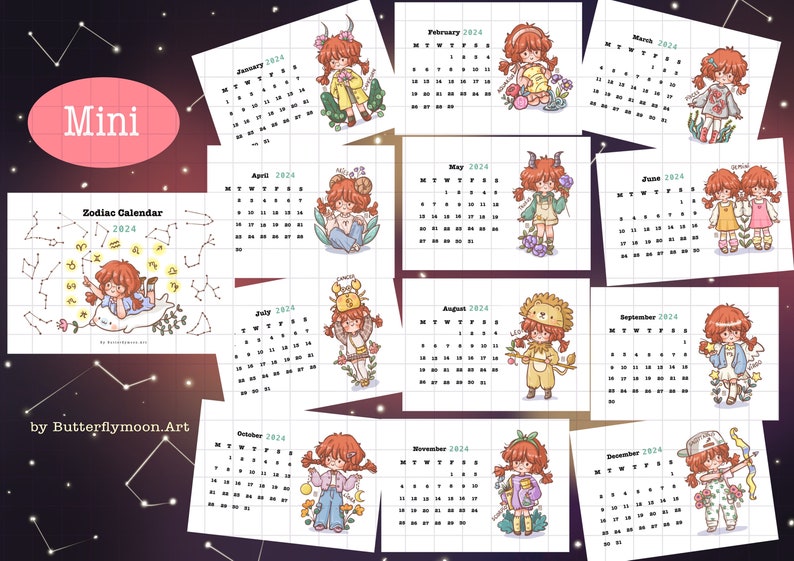 12 Zodiacs Mini Calendar 2025, Desk Calendar 2025, Monthly Calendar ...