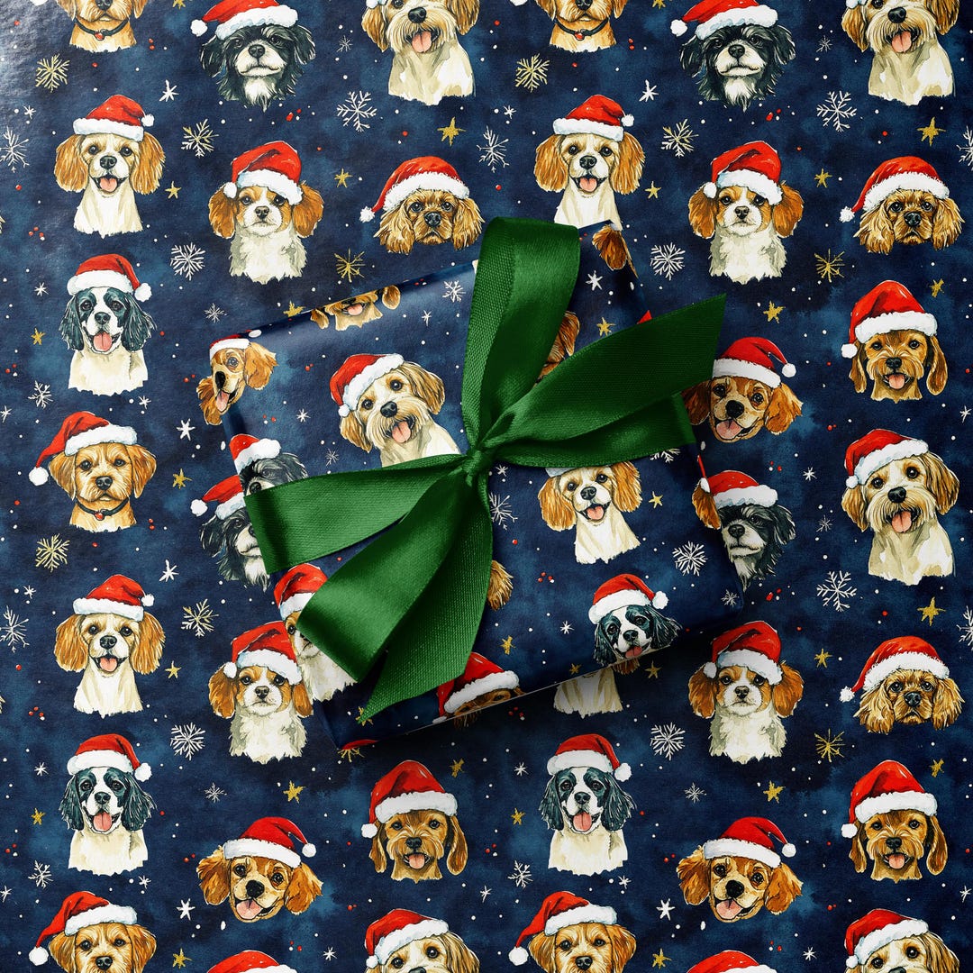 Hand Drawn 'festive Dogs' Wrapping Paper - Dogs Wearing Santa Hats ...