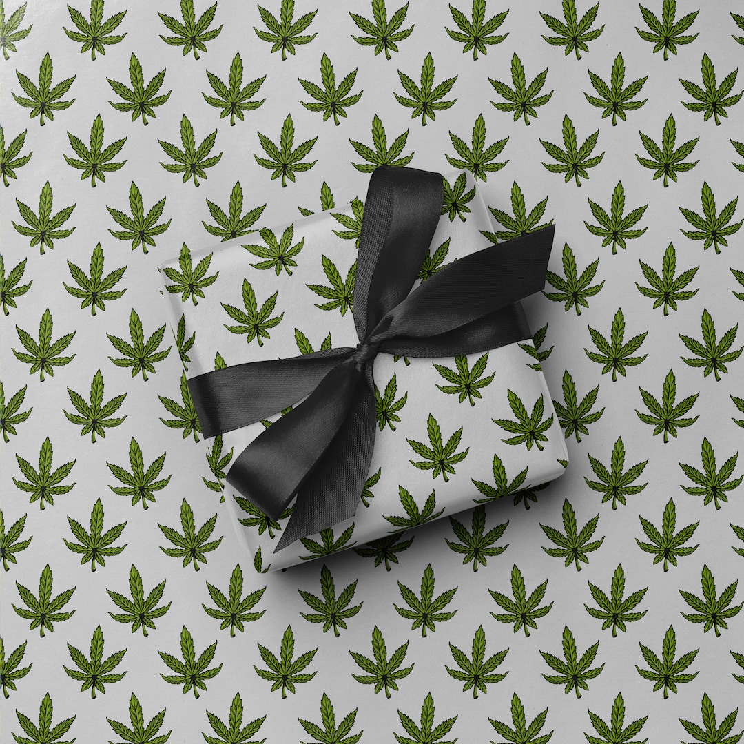 Weed Plant Motif Wrapping Paper | Grey & Green Cannabis Leaf Symbol ...