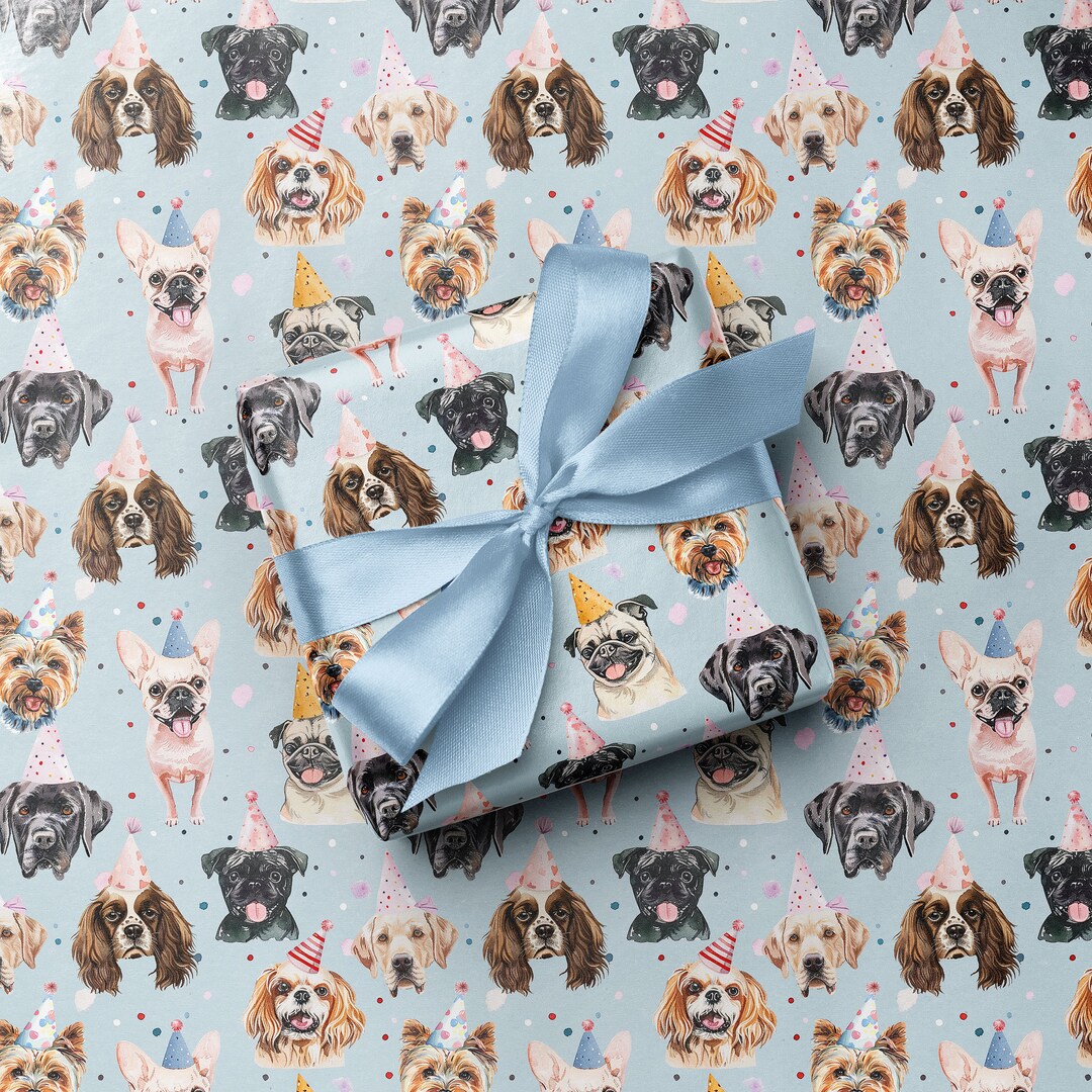 Party Dogs Wrapping Paper – Hand Drawn Doggy Party Hats Birthday Print ...