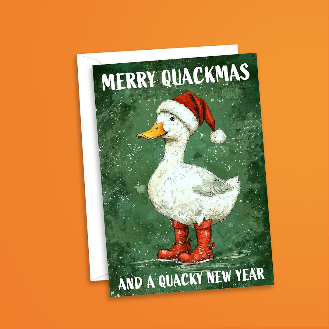 Quirky "merry Qackmas, Quacky New Year" White Duck Christmas Card ...