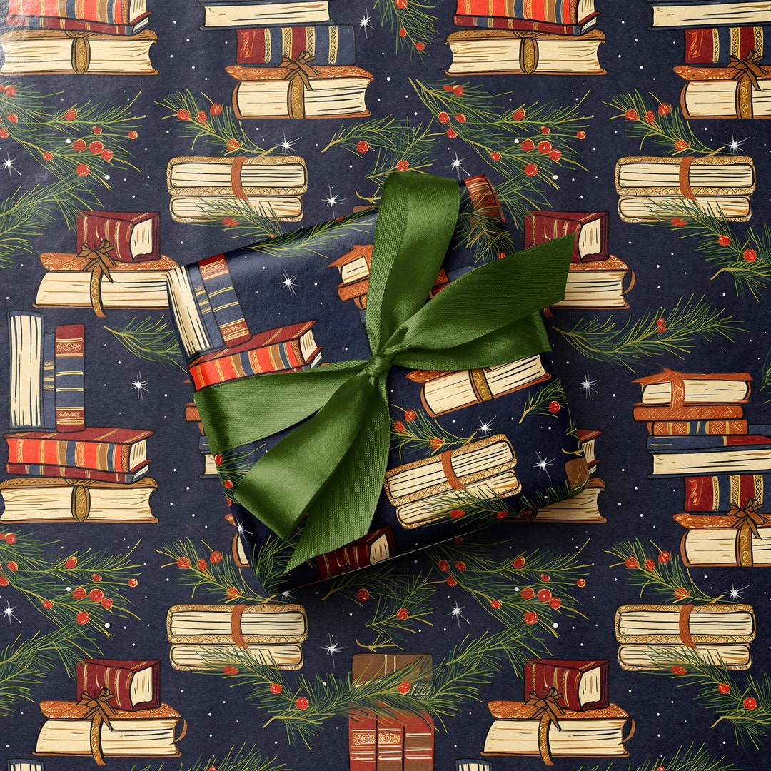 Literary Christmas Books Luxury Wrapping Paper - Hand Drawn Books and ...