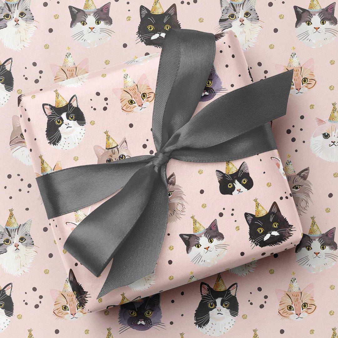 Cat Celebrations Wrapping Paper – Party Hats, Pastel Pink Gift Wrap - Etsy