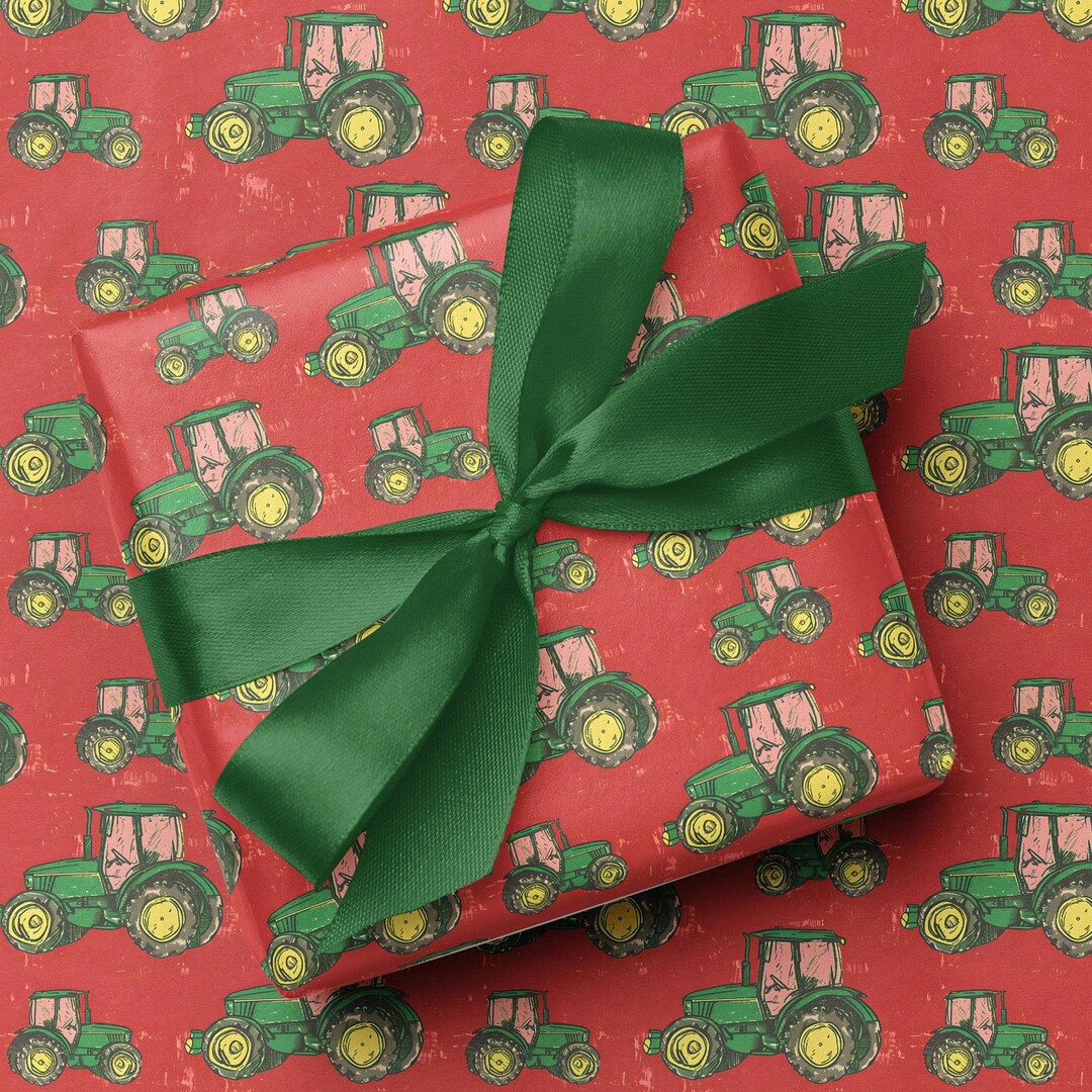 Hand Drawn Tractors Wrapping Paper | Green Tractors Red Gift Wrap ...