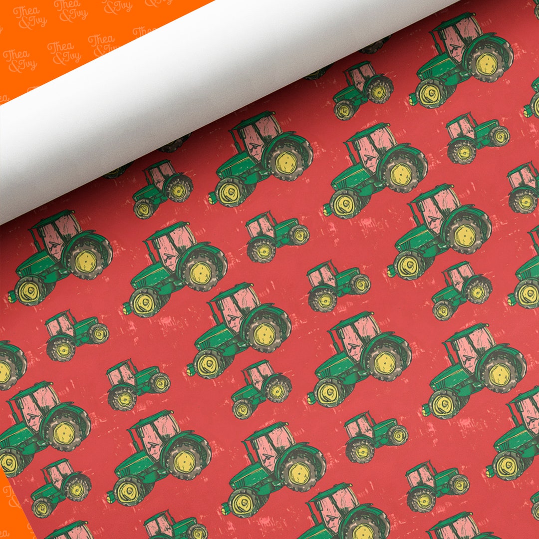 Hand Drawn Tractors Wrapping Paper Green Tractors Red Gift Wrap Premium ...