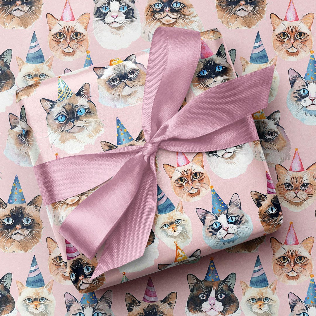 Hand Drawn 'party Cats' Wrapping Paper - Cats Wearing Party Hats ...