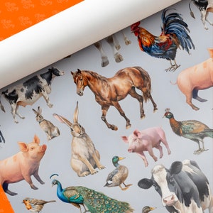Farm Friends Animal Wrapping Paper - Digital Hand Painted Farm Animals ...