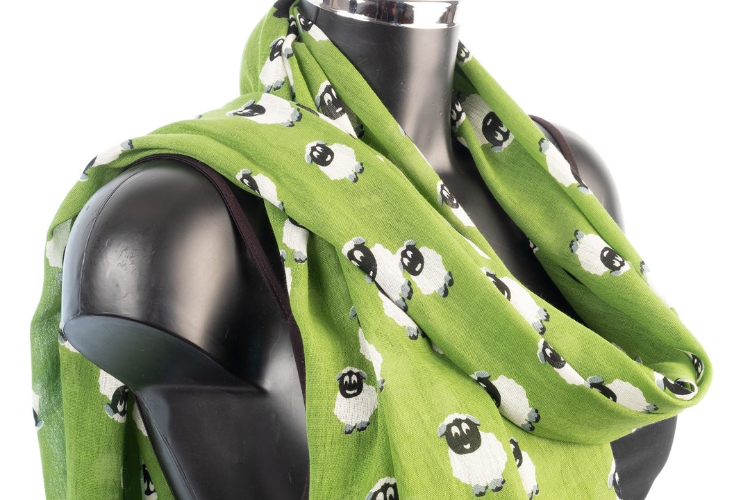 Soft Cotton Green Scarf With Sheep and Lambs On, Printed Scarves, Fair ...