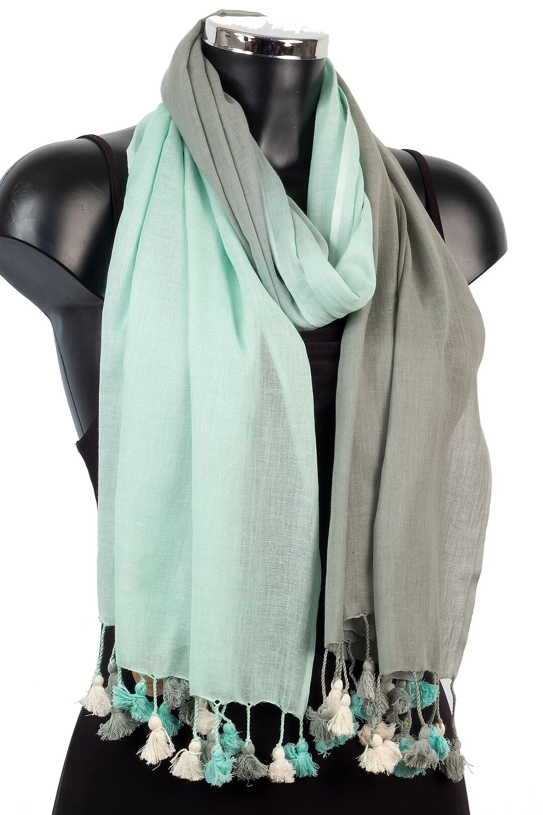 Duck Egg and Greyb Scarf With Pom Pom Tassels, Hand Made Ethically ...