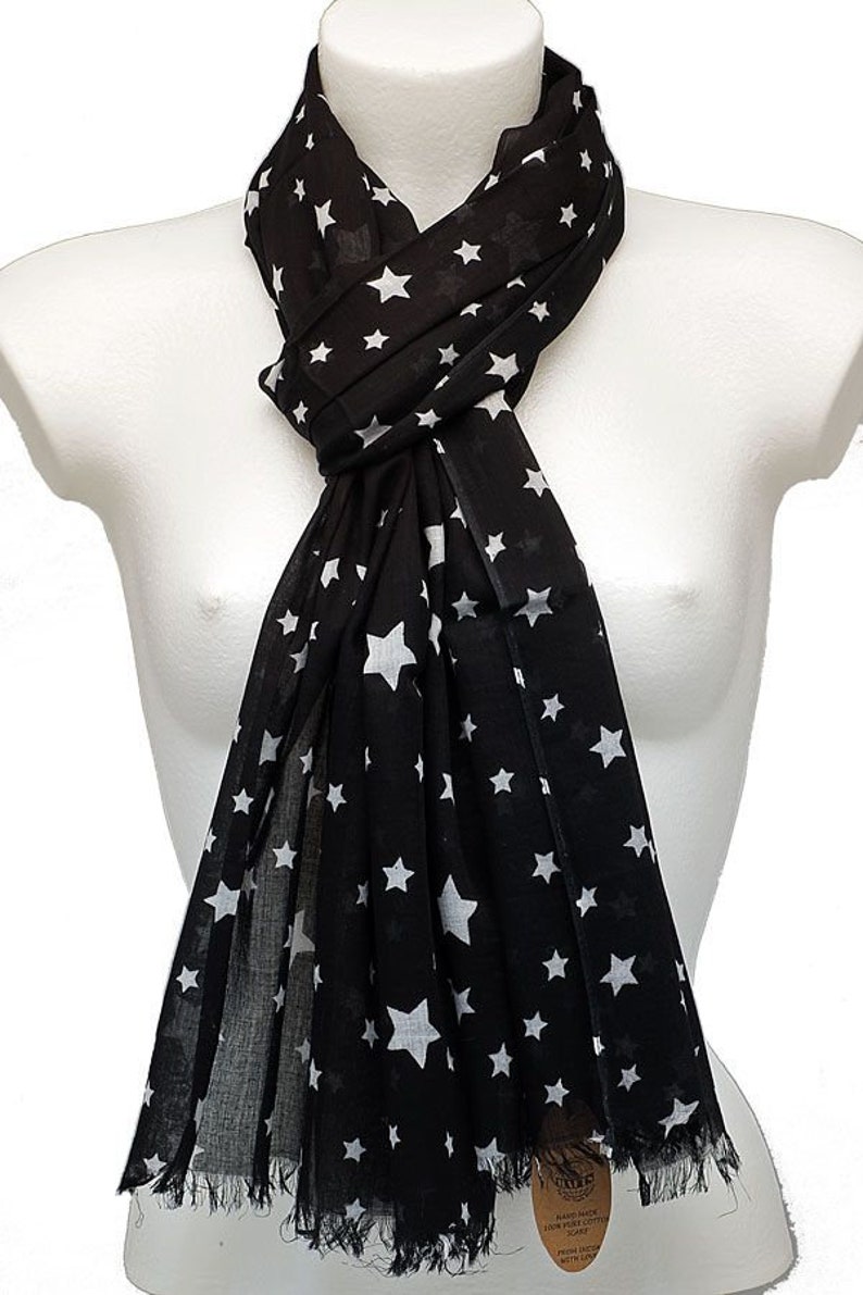 Star Print Scarf Black Cotton Scarf Printed Scarves | Etsy