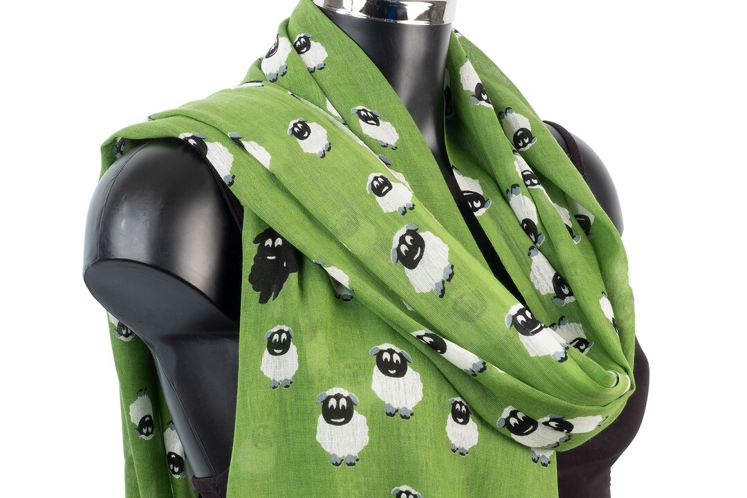 Sheep Scarf, Lambs Pashmina, Green Cotton Wrap, Cartoon Sheep, Farm ...