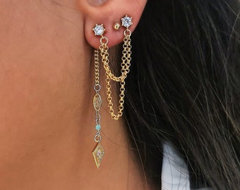 Double Piercing Earring Set With Crystals Two Hole Earring - Etsy