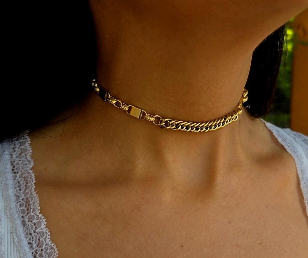 Gold Day Collar, Dainty Gold Chain Choker, Square Chain Choker Necklace ...