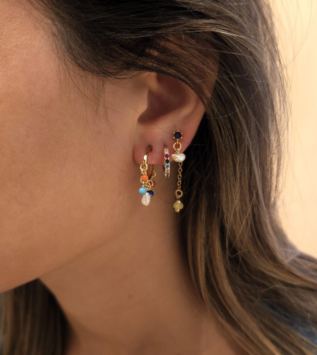 Earring Set: Colorful Dangle Hoop Earrings - Rainbow CZ & Beads - 3 ...