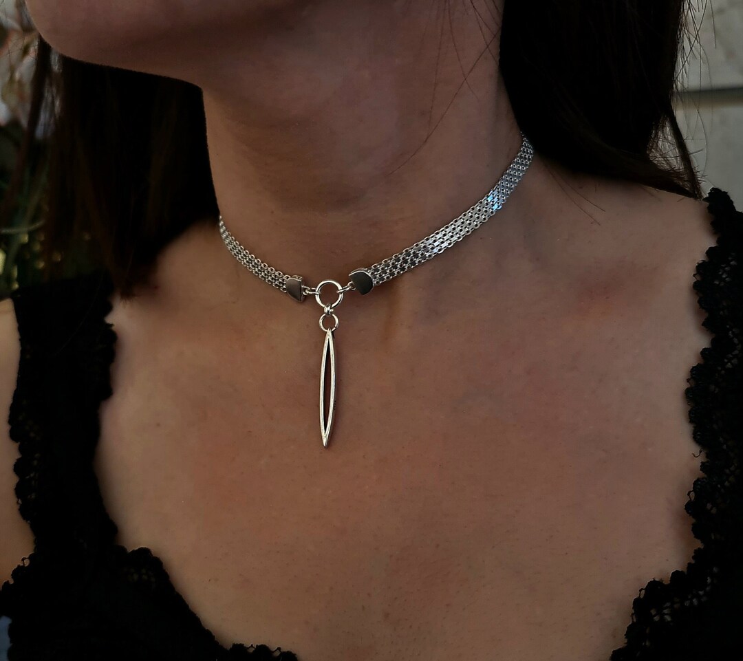Sterling Silver Herringbone Choker: Oval Pendant, Gothic Grunge Jewelry ...