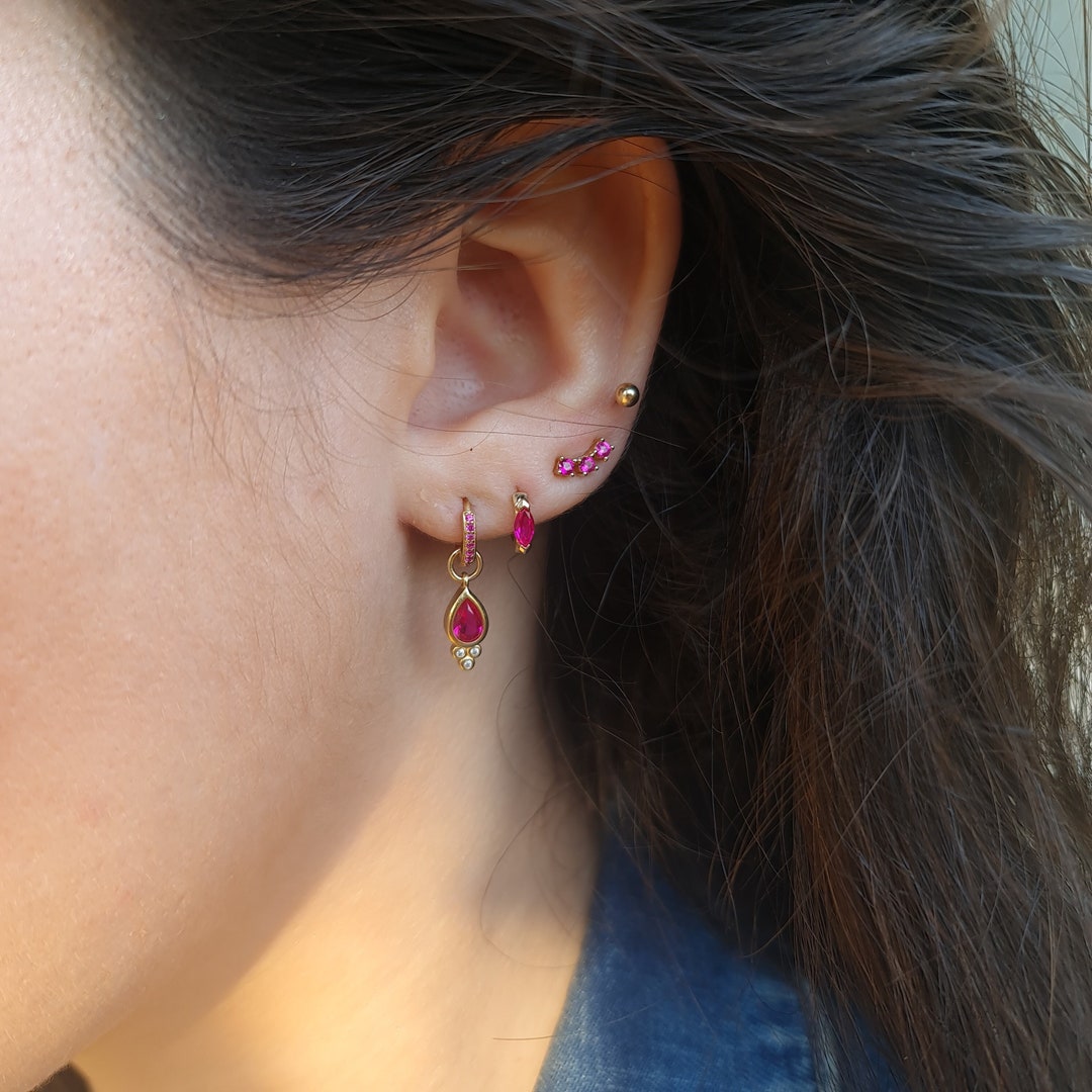 Ruby Gemstone Huggie Earring, Piercing Earring Set, Minimal Stacking ...