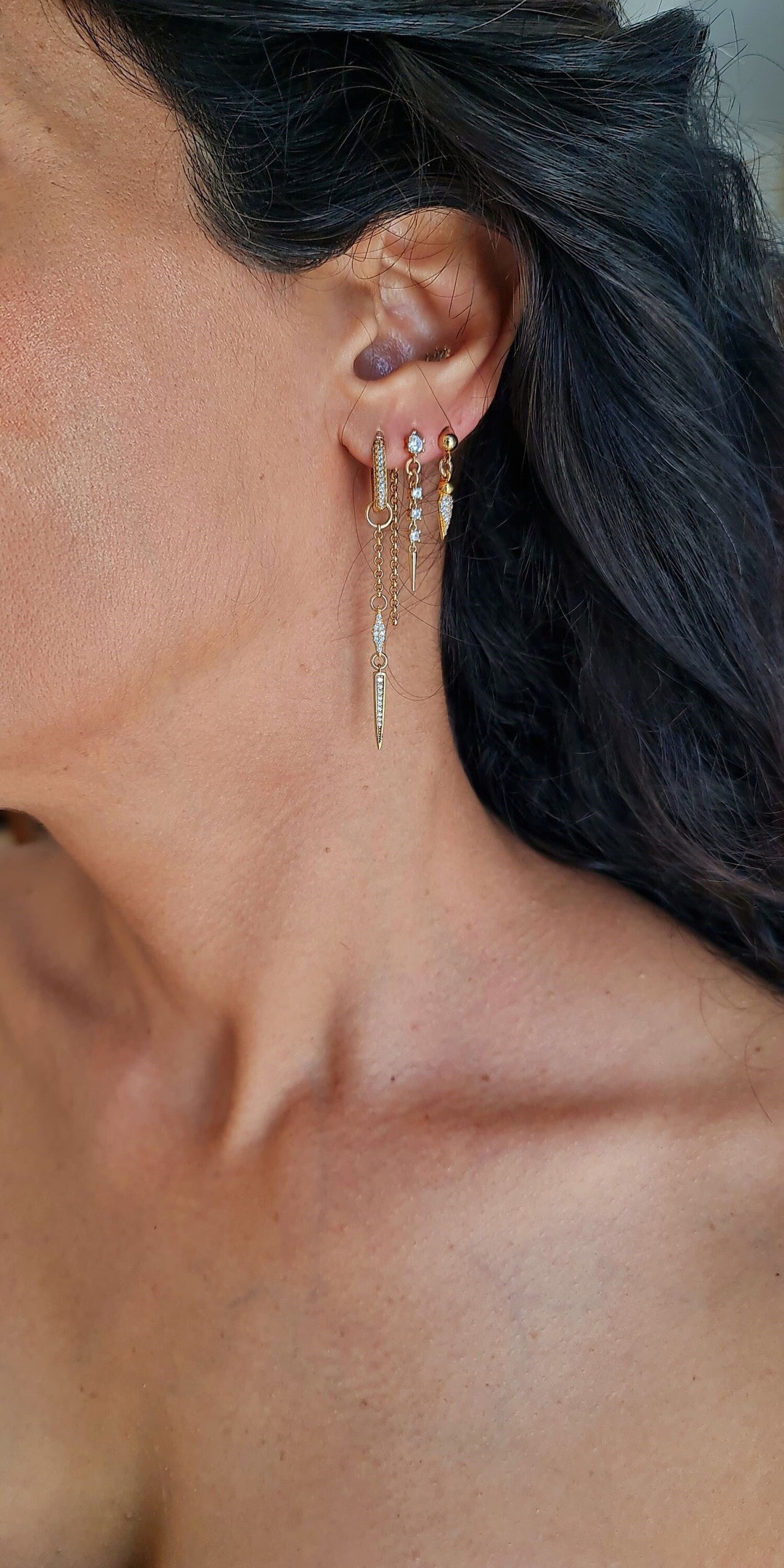 Set of 3 Earrings, Gold Stacked Earrings, Pave CZ Rectangle Hoop ...