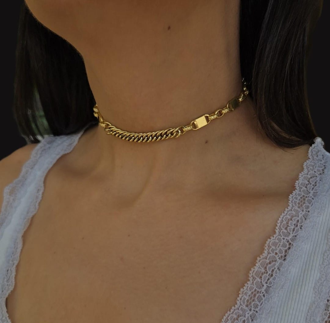 Gold Plated Brass Choker: Dainty Chain Collar, Geometric Charm - Etsy