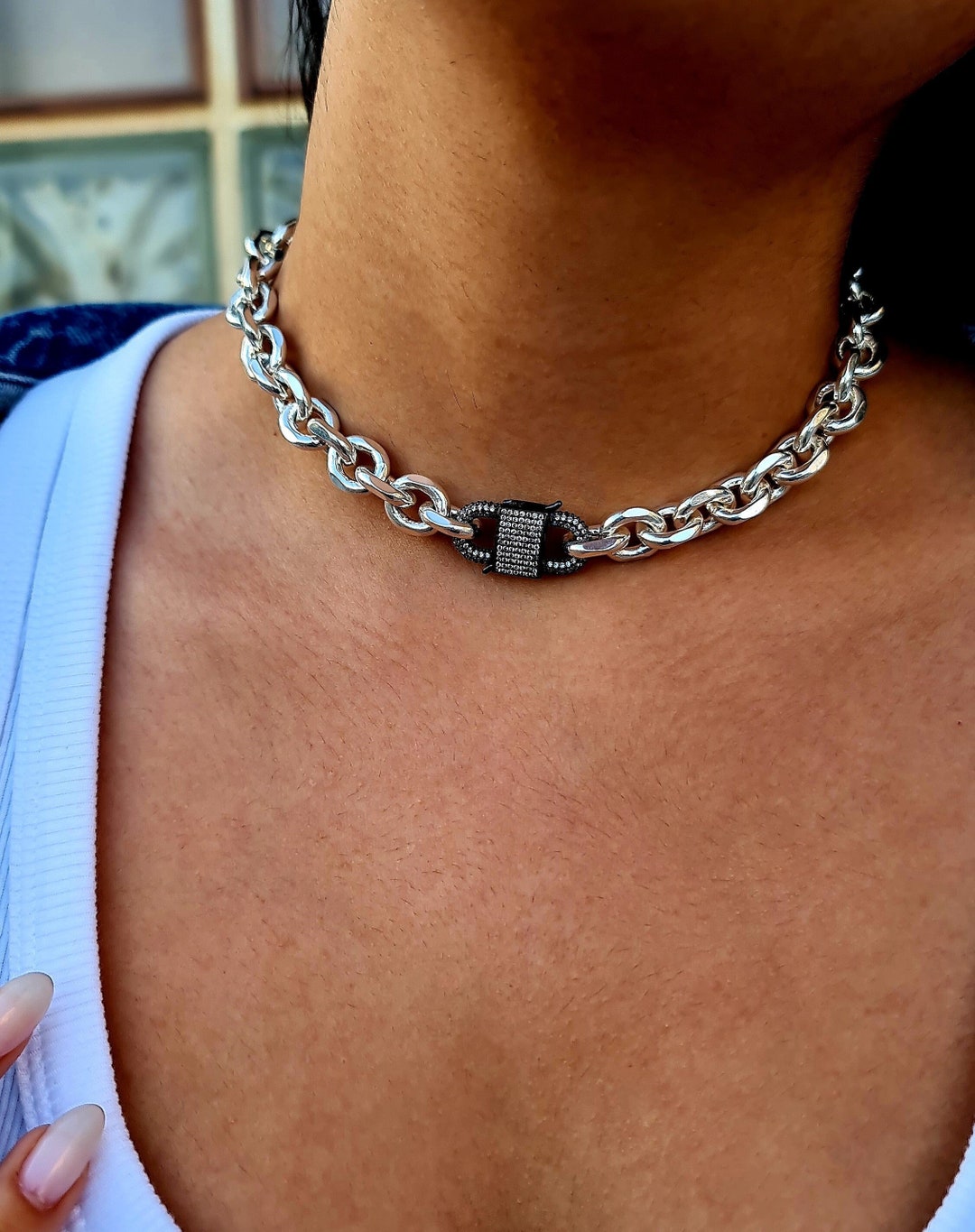 Lock Necklace, Silver Chain Choker, Chunky Link Necklace, Statement ...