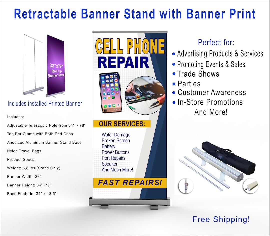Cell Phone Repair Retractable Banner Stand 33"x78" With Banner Print ...